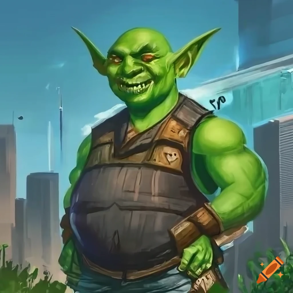 Short fat bald green-skinned goblin with a huge belly wearing cyberpunk ...