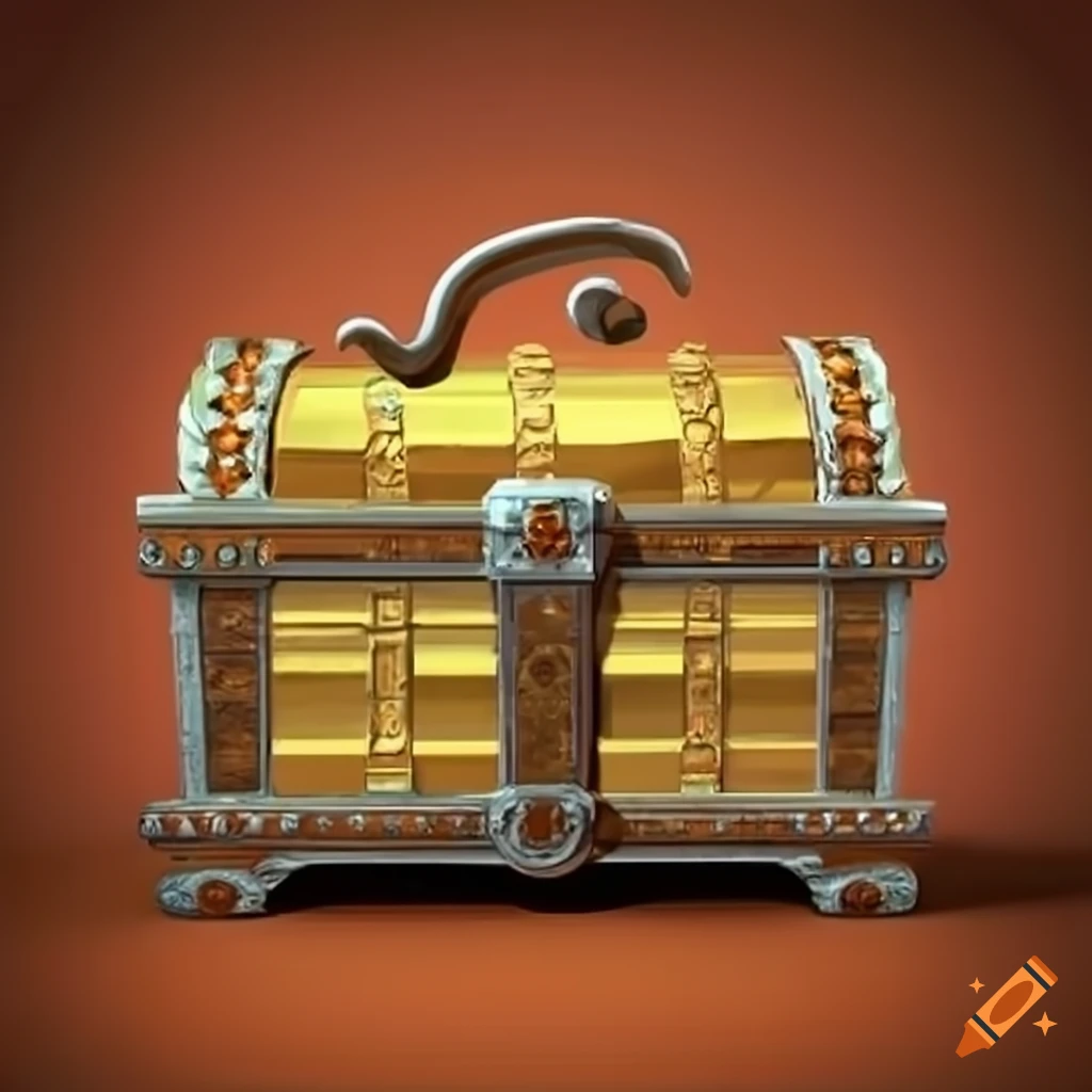 An old chest completely in solid gold with a cartoon rendering