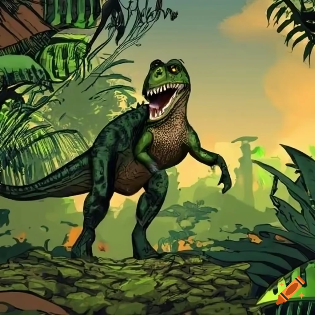 An allosaurus in the middle of a very dense jungle with a comic book ...