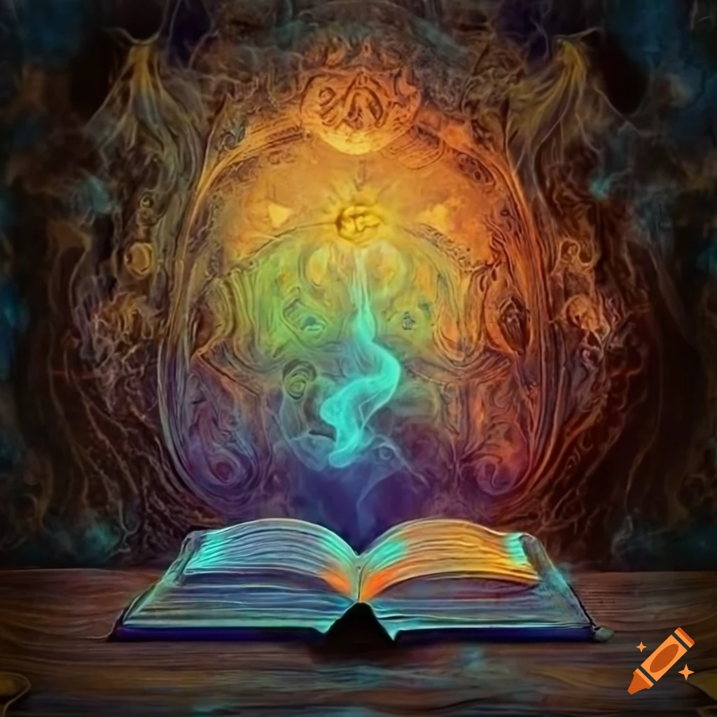 Create an image of an ancient book with ornate covers featuring ...