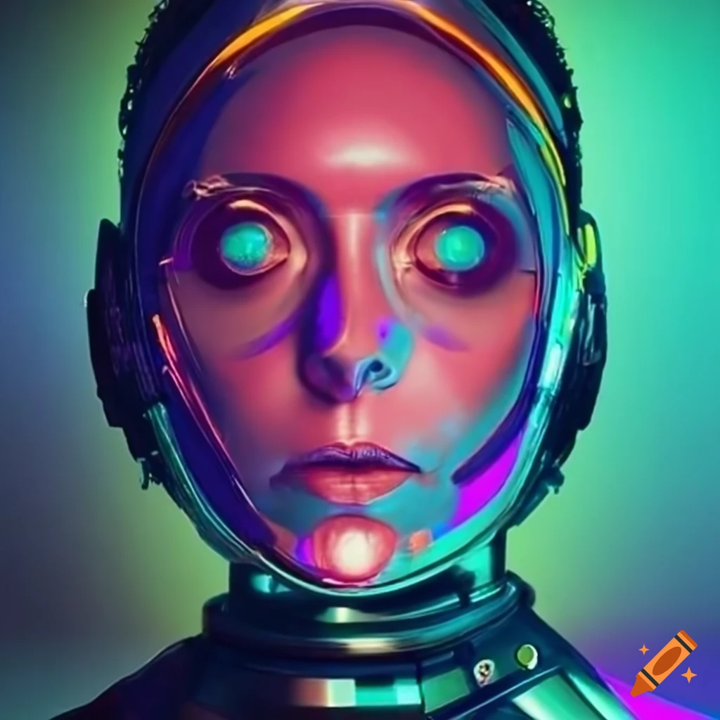 Sci-Fi metallic android that looks like Róisín Murphy standing inside ...