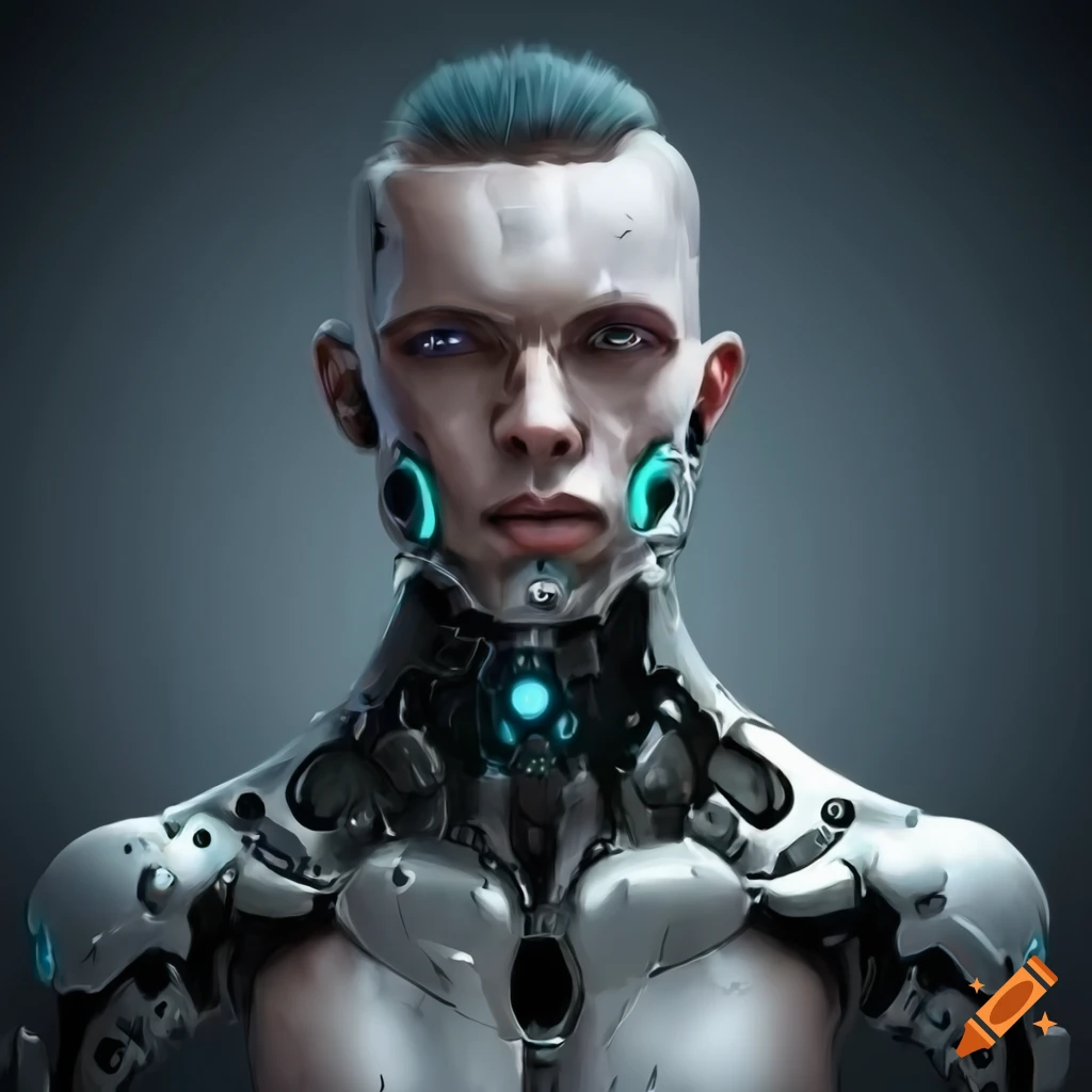 Cyborg male character portrait on the white background