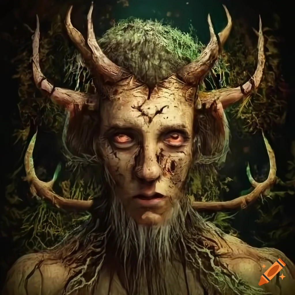 A mystical tree person with a battle-worn face and wooden horns digital ...