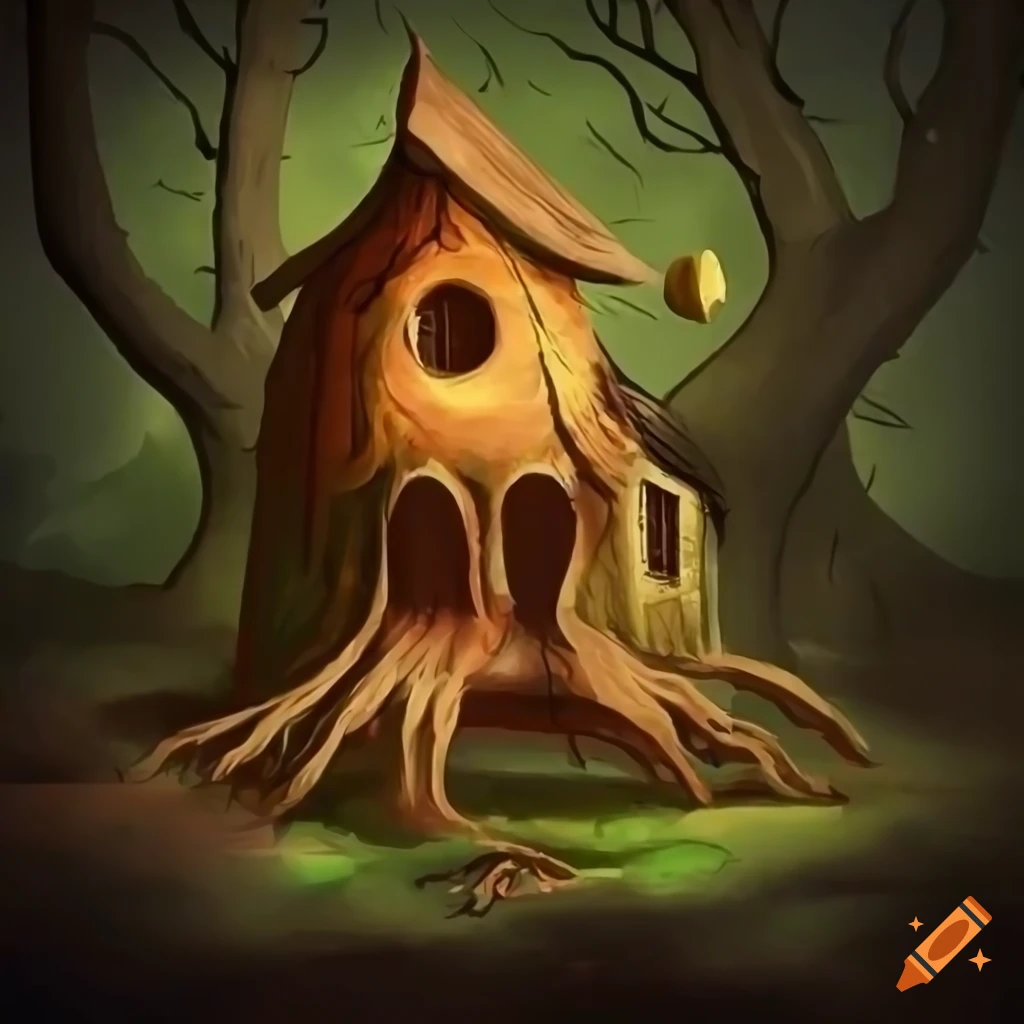 Bird house in a hollow tree, cartoon claymation style, forest setting ...