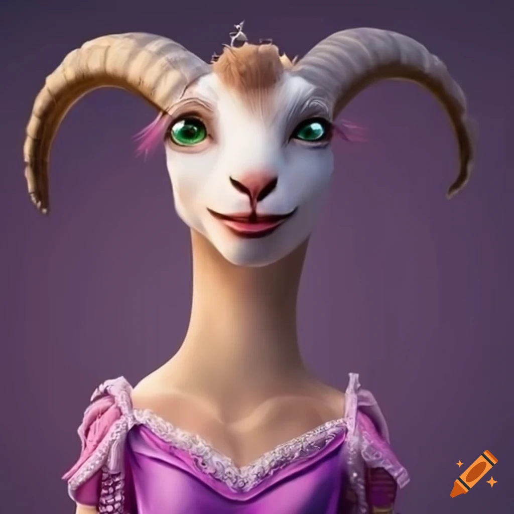 Anthropomorphic goat Rapunzel wearing princess clothes on Craiyon