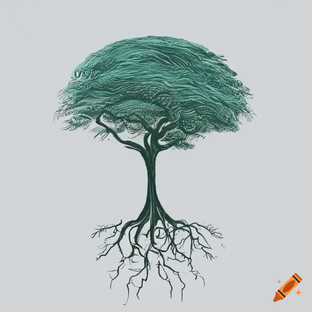 Minimalist logo of a tree with intrincate long roots on Craiyon