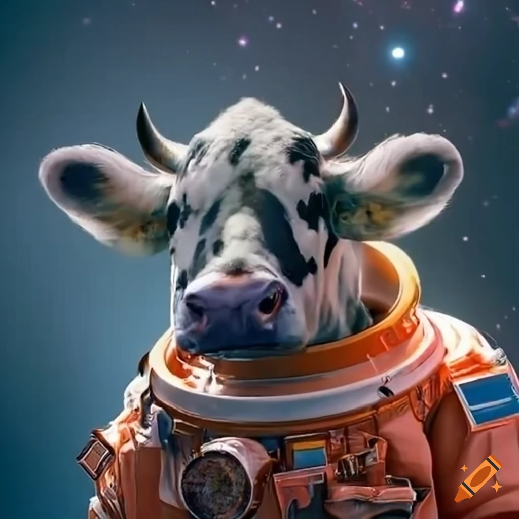 Vaca con un traje espacial en el espacio