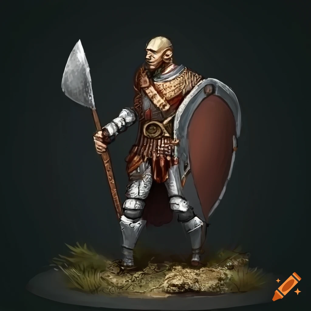 Human mercenary fighter, wielding spear and shield with a knight ...