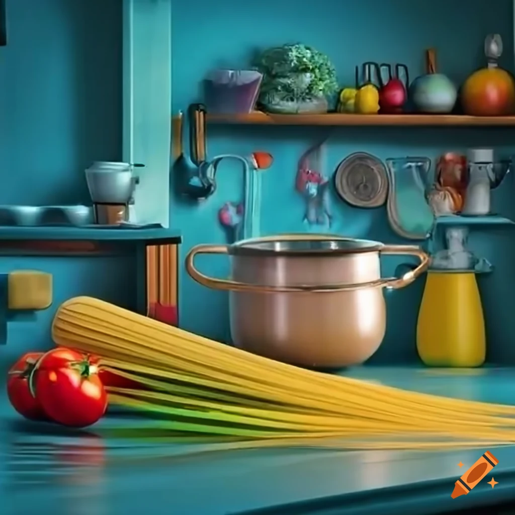 Joyfull cooking scene with bright colors in a country house kitchen. A ...