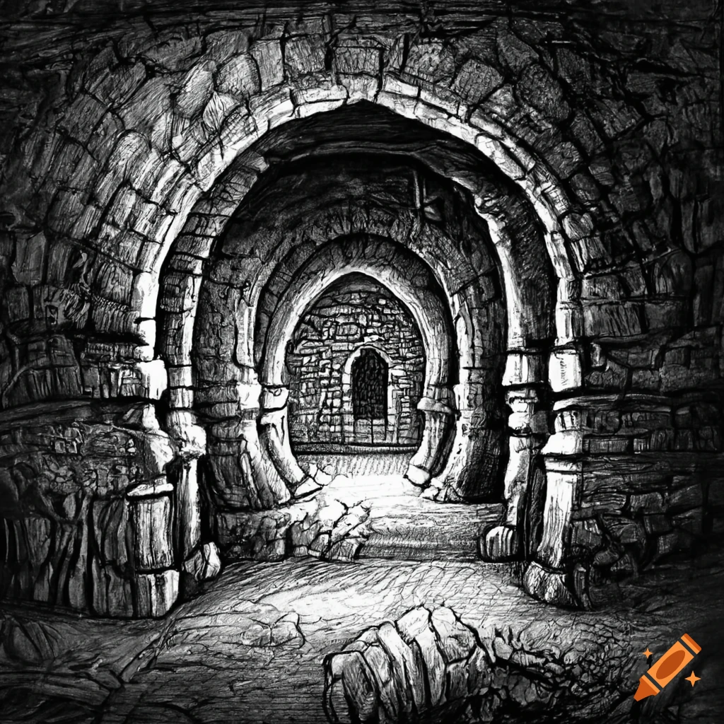 Dark medieval catacombs black & white pencil sketch made of detailed ...