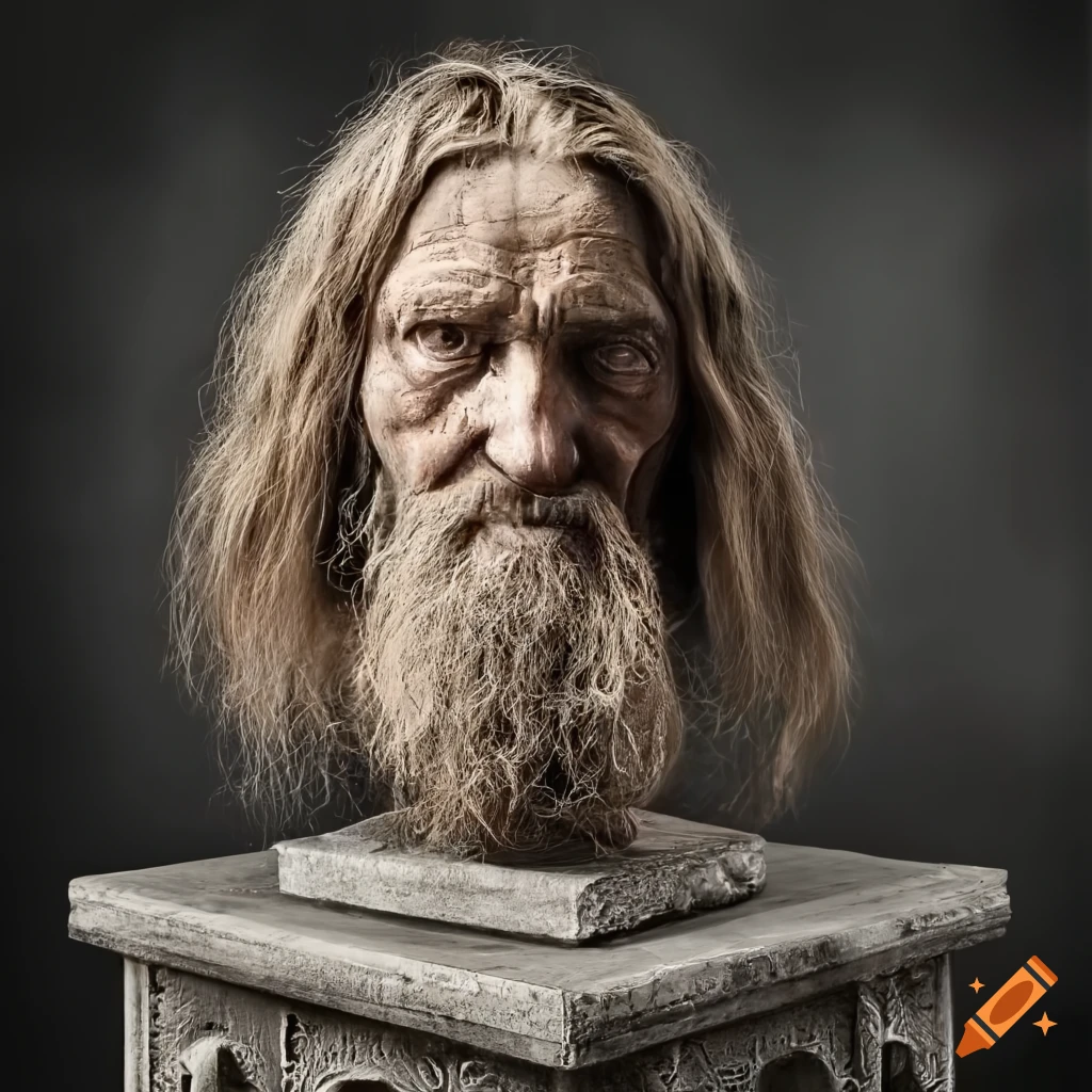 The head of an old viking man with long hair placed on a pedestal on ...