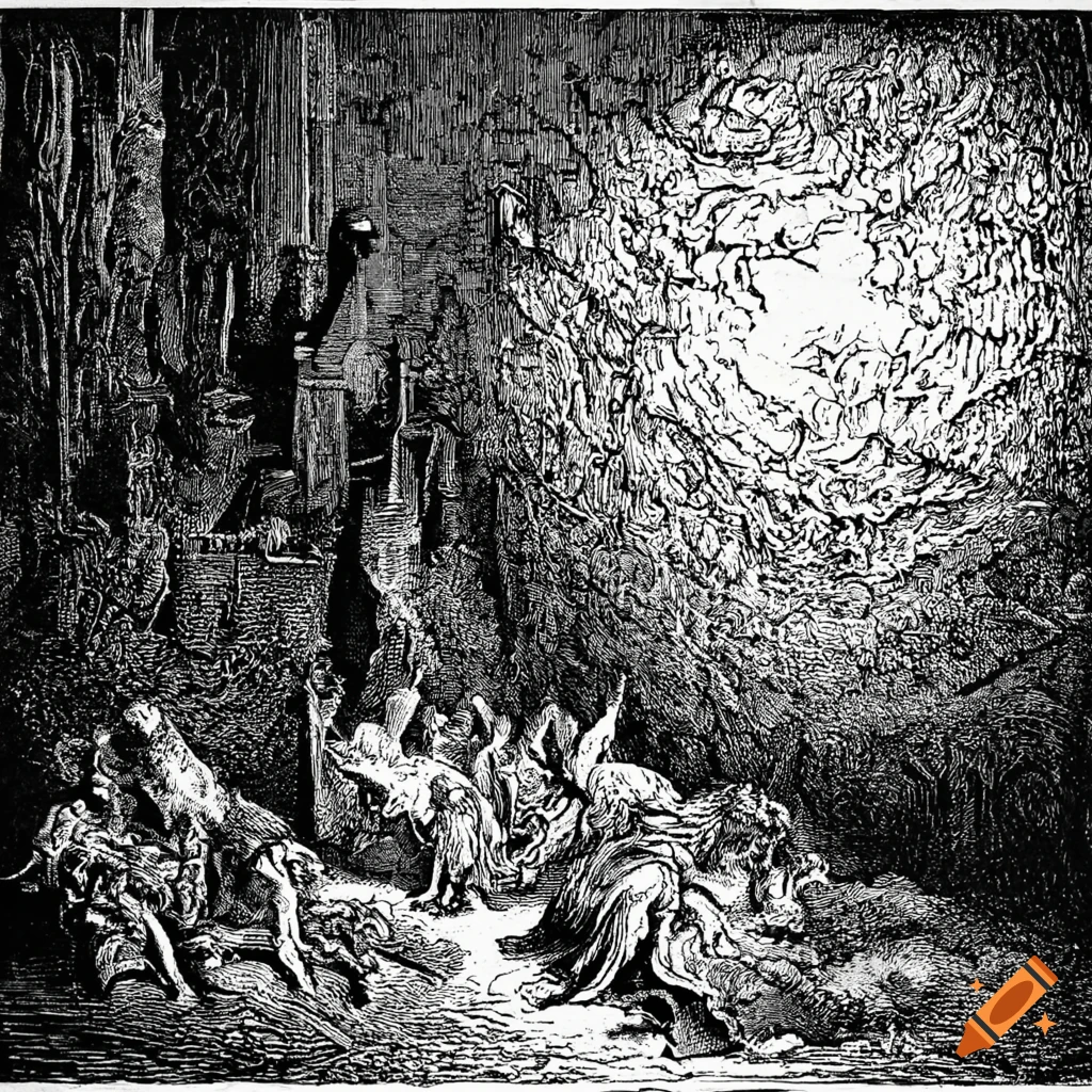 Dark myceliums in hell abyss castle gustave dore black