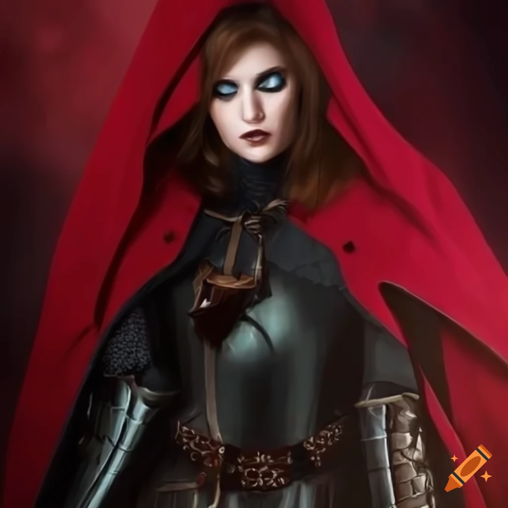 A beautiful woman in black medieval armor and red cloak with brown hair ...