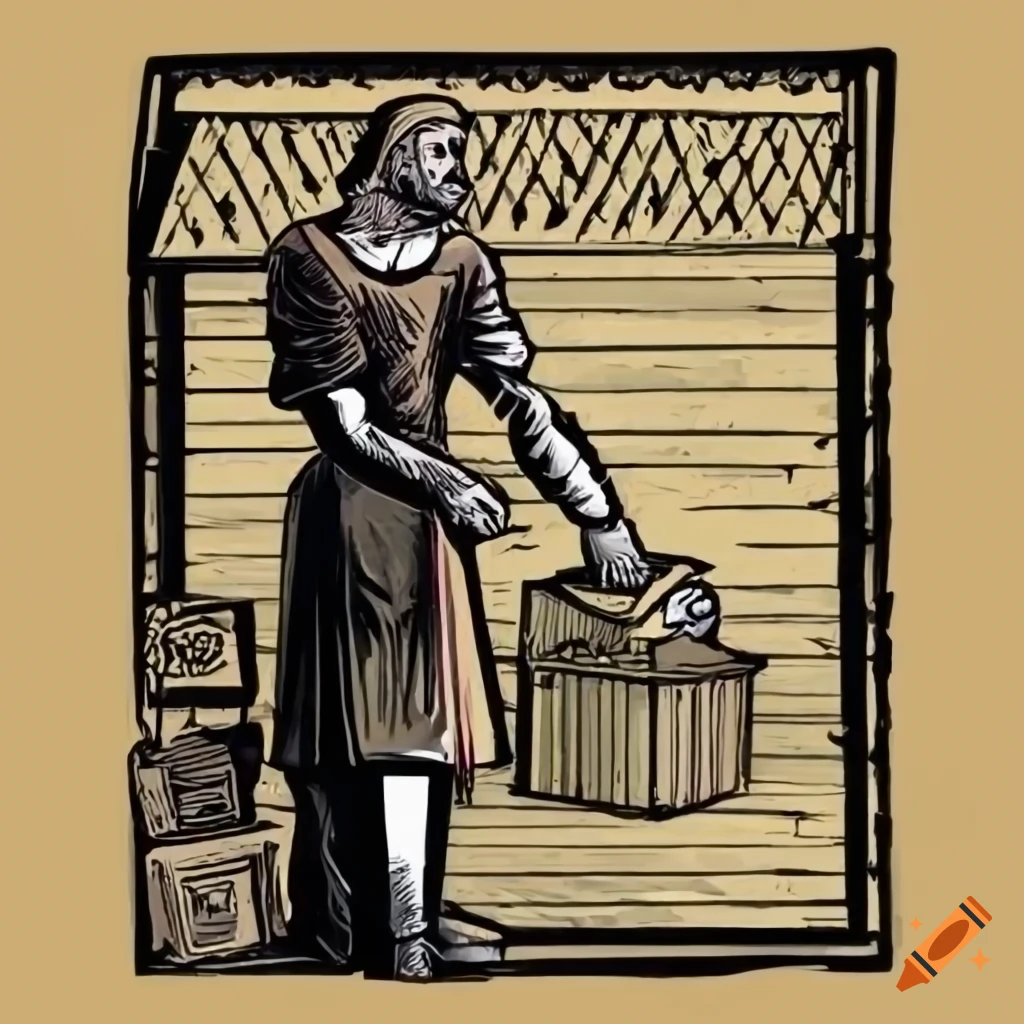 Medieval man cleaning out a shed confused drawn in woodcut style