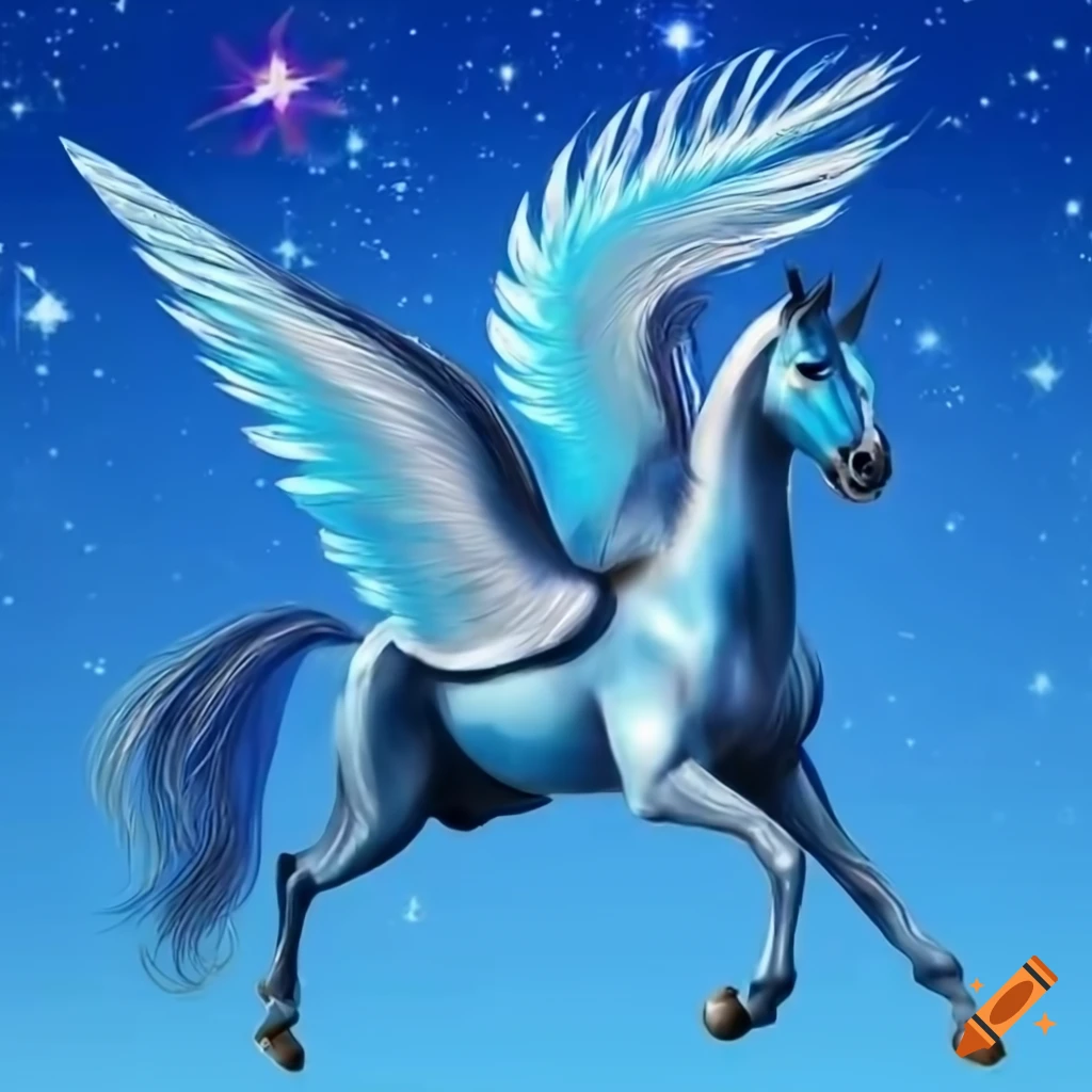 Blue pegasus with stars on its body and horn on Craiyon