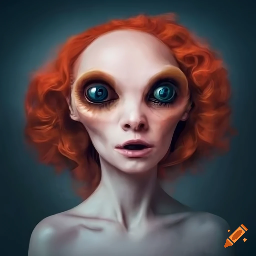 Portrait of a joyful redhead woman with a fantastical alien pet on Craiyon