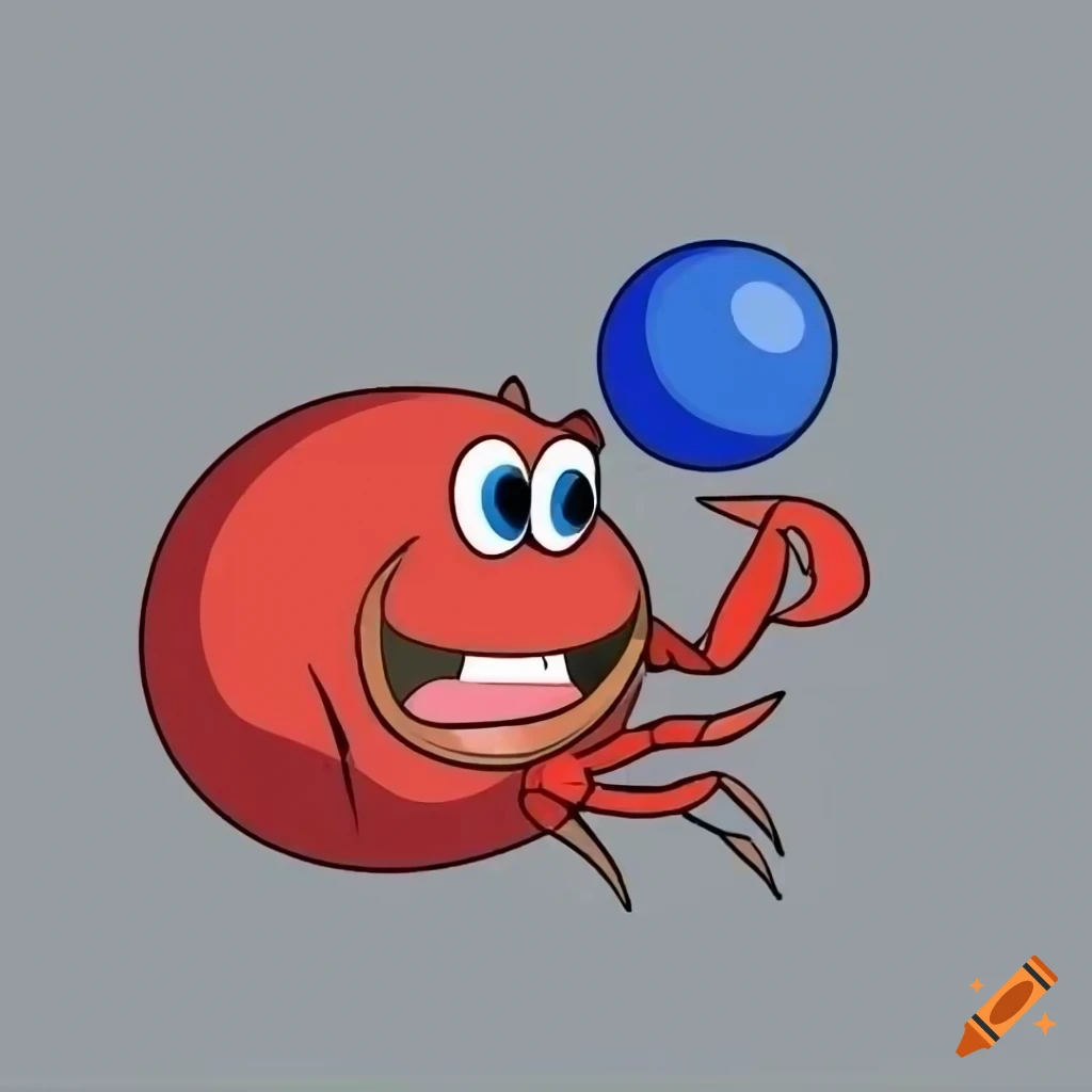 Simple cartoon crab holding a blue ball in one claw and a larger red ...
