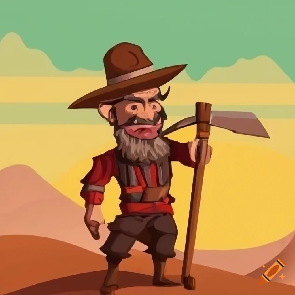 Western prospector with pickaxe and bananas desert background