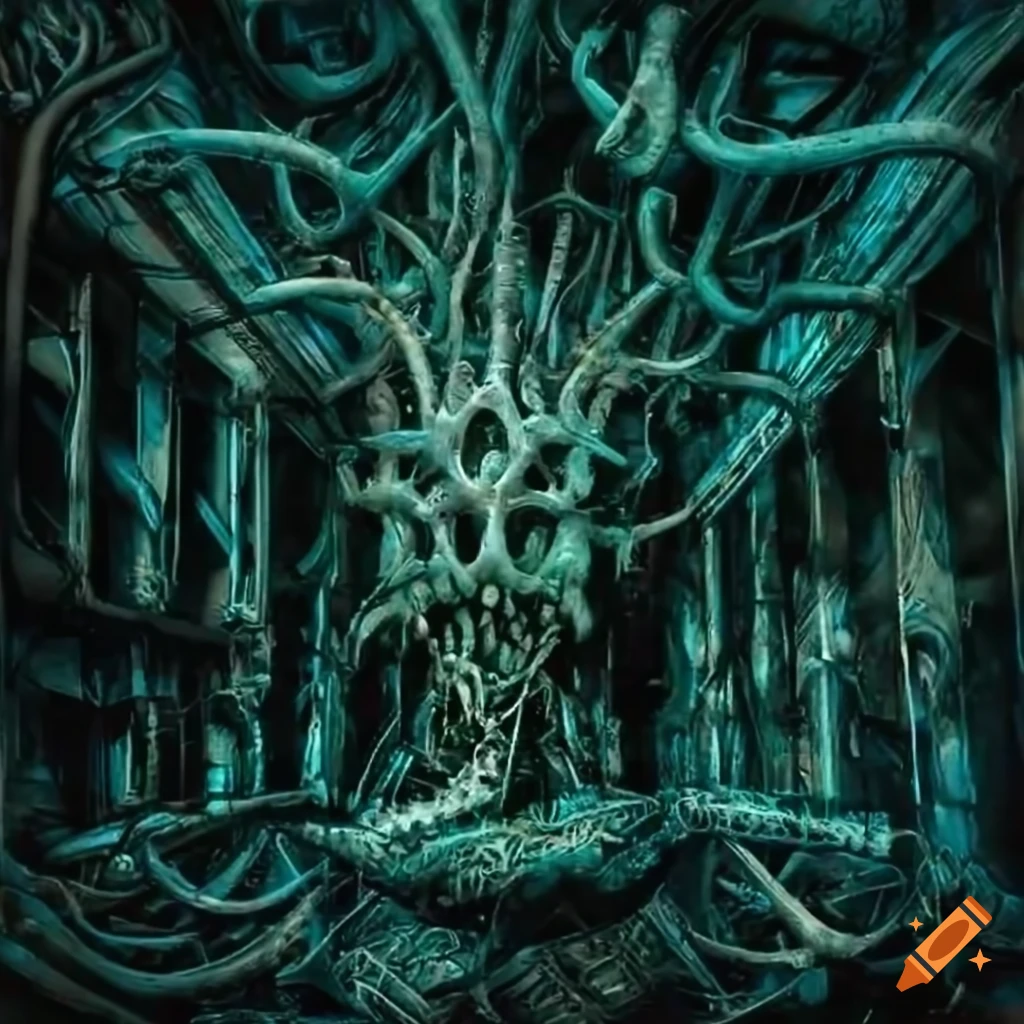 Photograph of an intricate, graceful, lovecraftian machine, made from ...