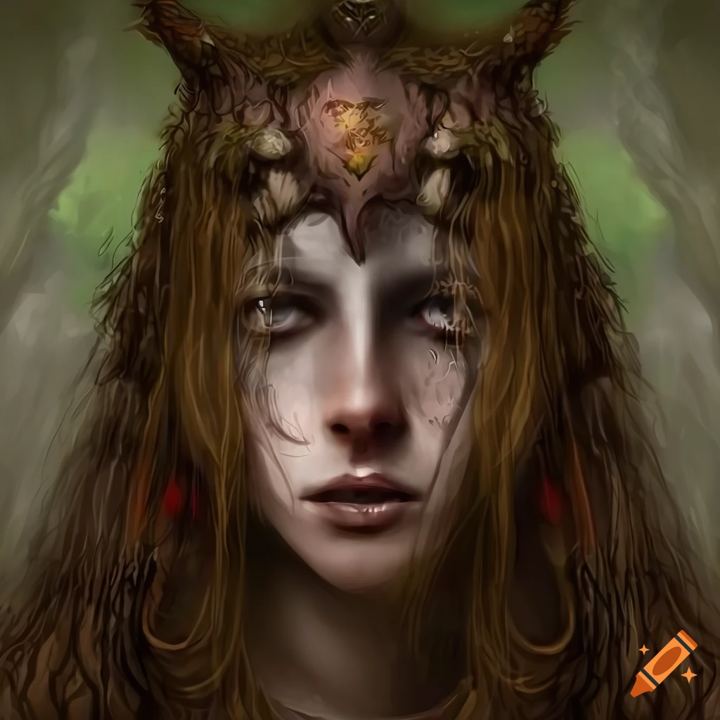 A mystical tree person with a battle-worn face, autumn leaves for hair ...