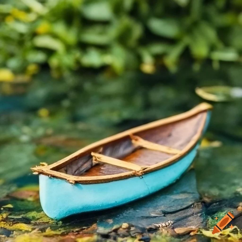 A mini canoe, in a mini lake, miniature diorama