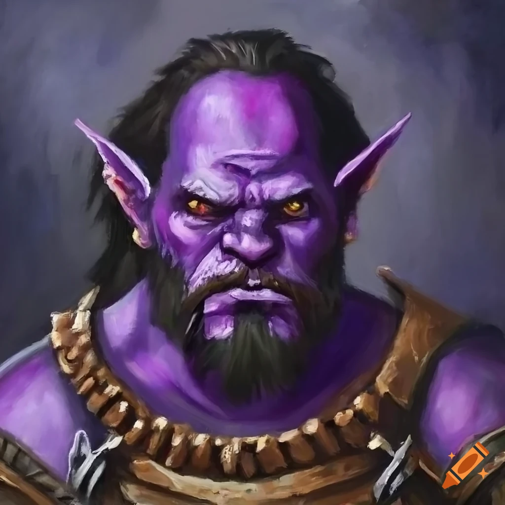 Fantasy oil painting of purple half orc with black beard
