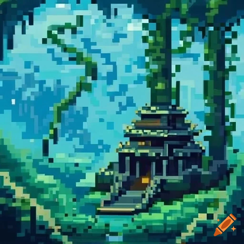 An underwater temple, with vines, pixel art
