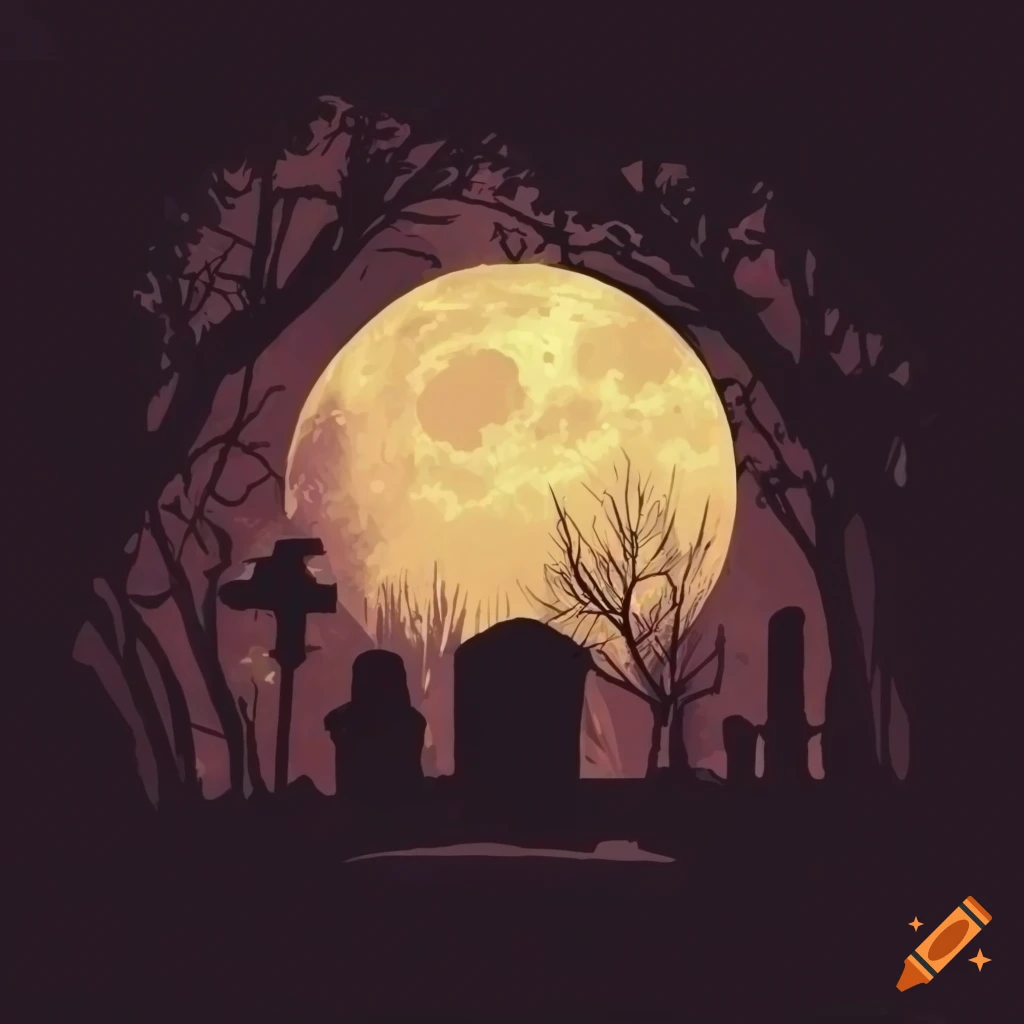 Cemetery. black background. full moon. sketch style. leaves and bushes ...