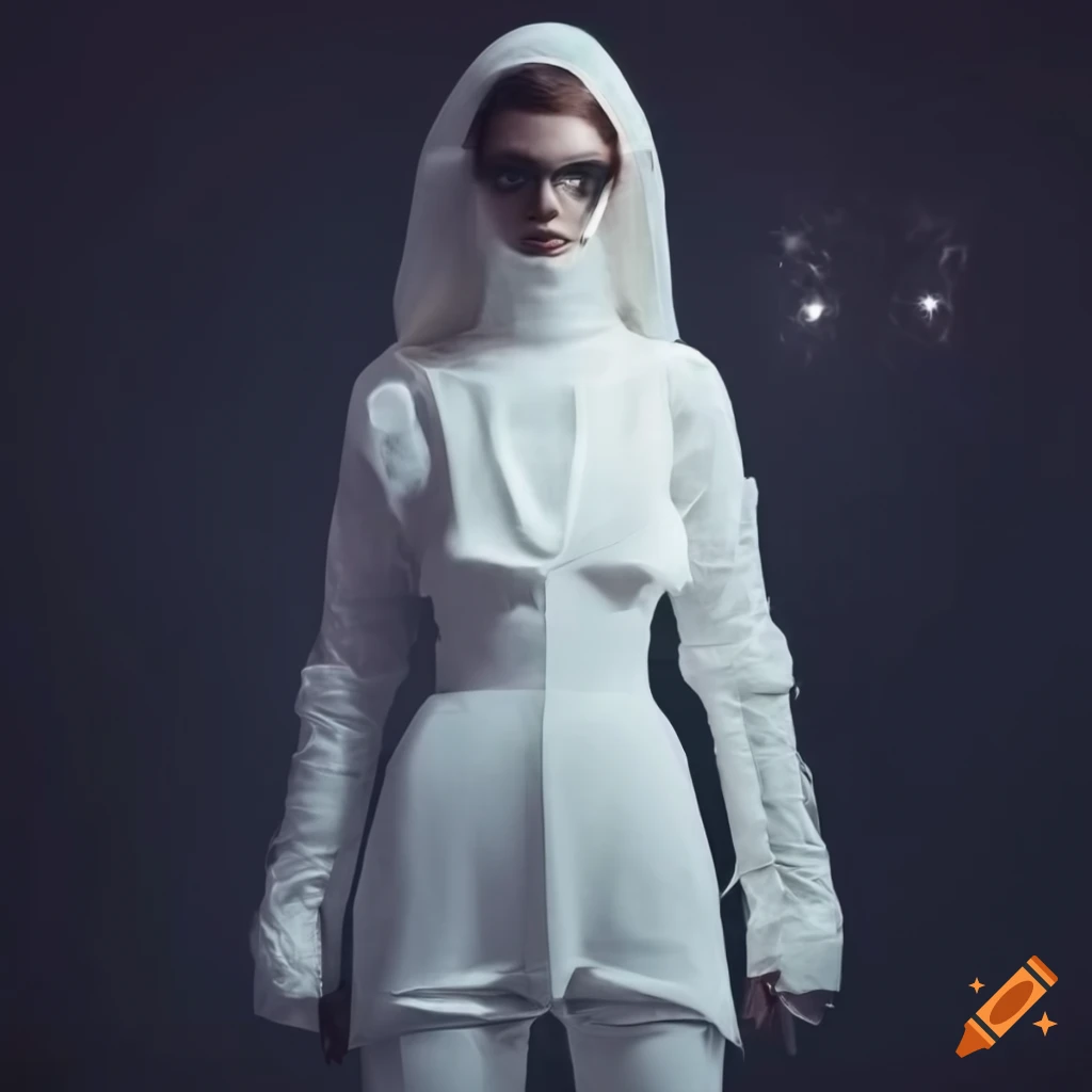 Highly detailed futuristic fashion for space travel, white, clean garments