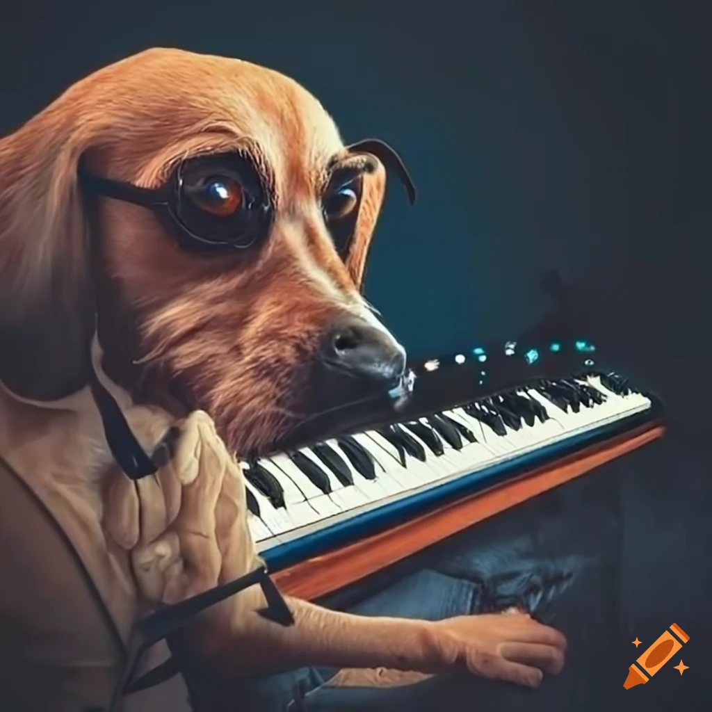Dog with synthesizer, man with electric guitar on Craiyon