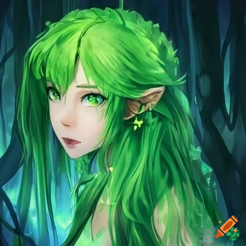 Anime girl with vibrant lime green hair in enchanted forest on Craiyon