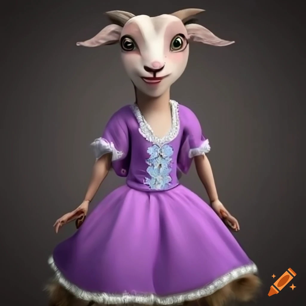 Anthropomorphic goat rapunzel wearing princess clothes