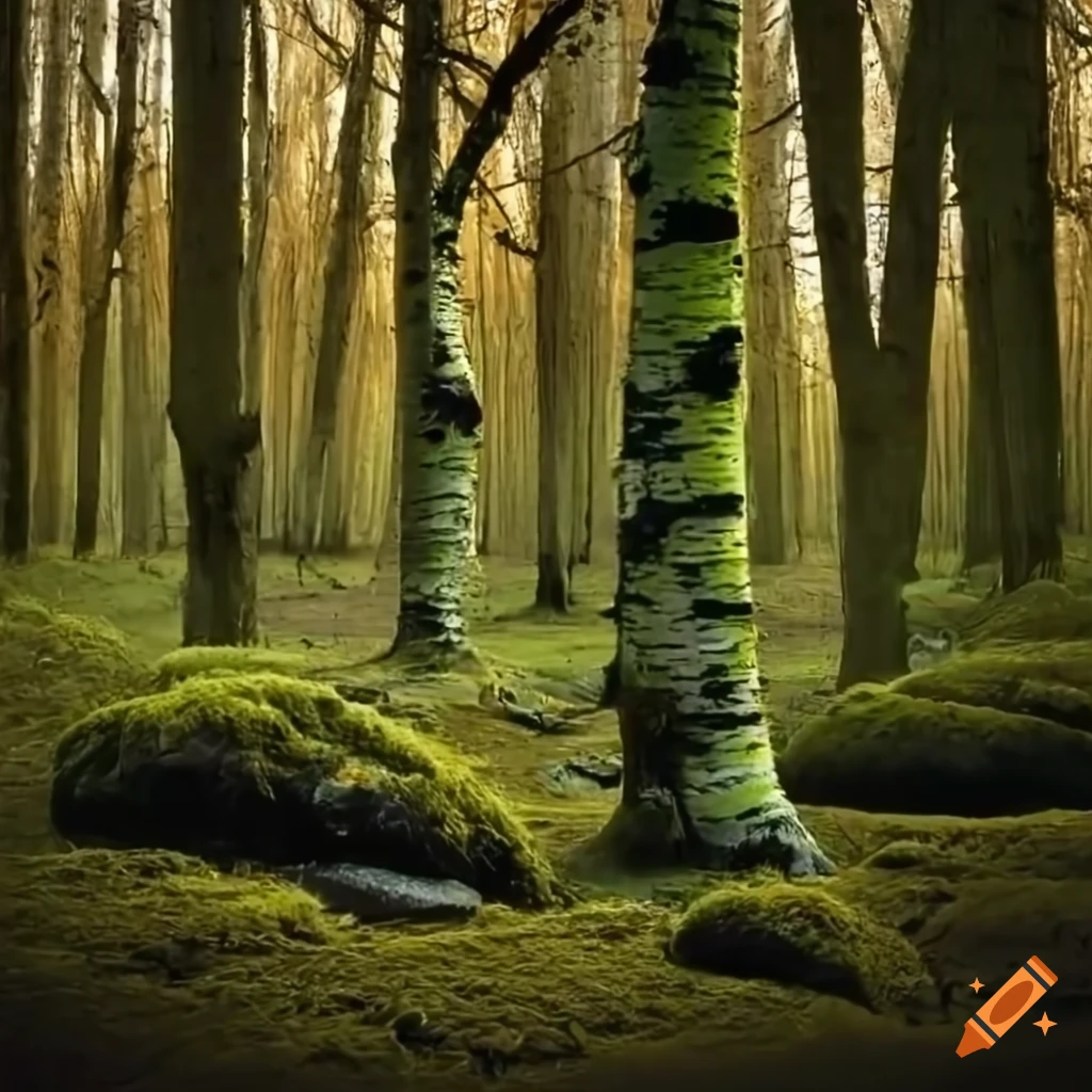 Inside a birch and oak forest, with some mossy rocks and bushes on Craiyon