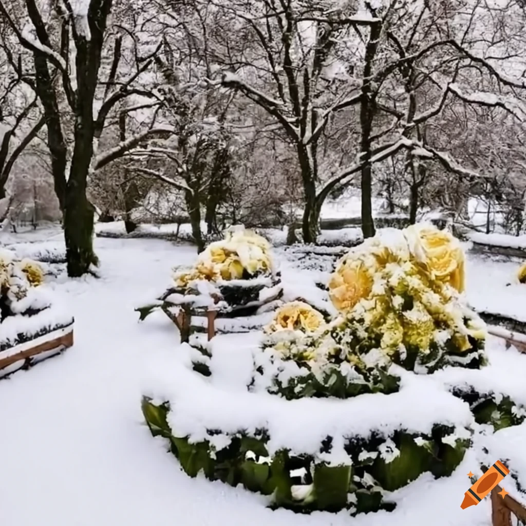 Beautiful snow-covered garden filled with yellow roses on Craiyon