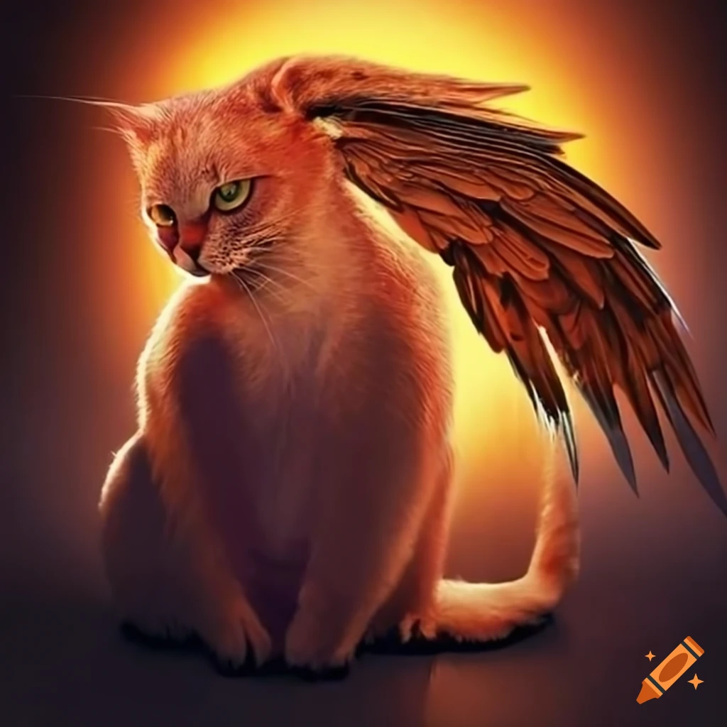 A big flame cat with feathered wings