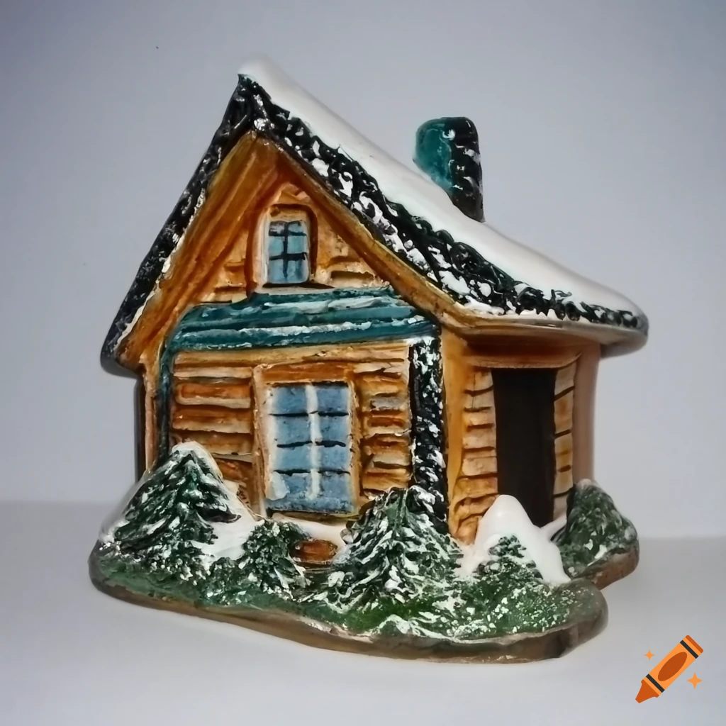 Ceramic figure of a snowy cabin, product photo, ceramic details