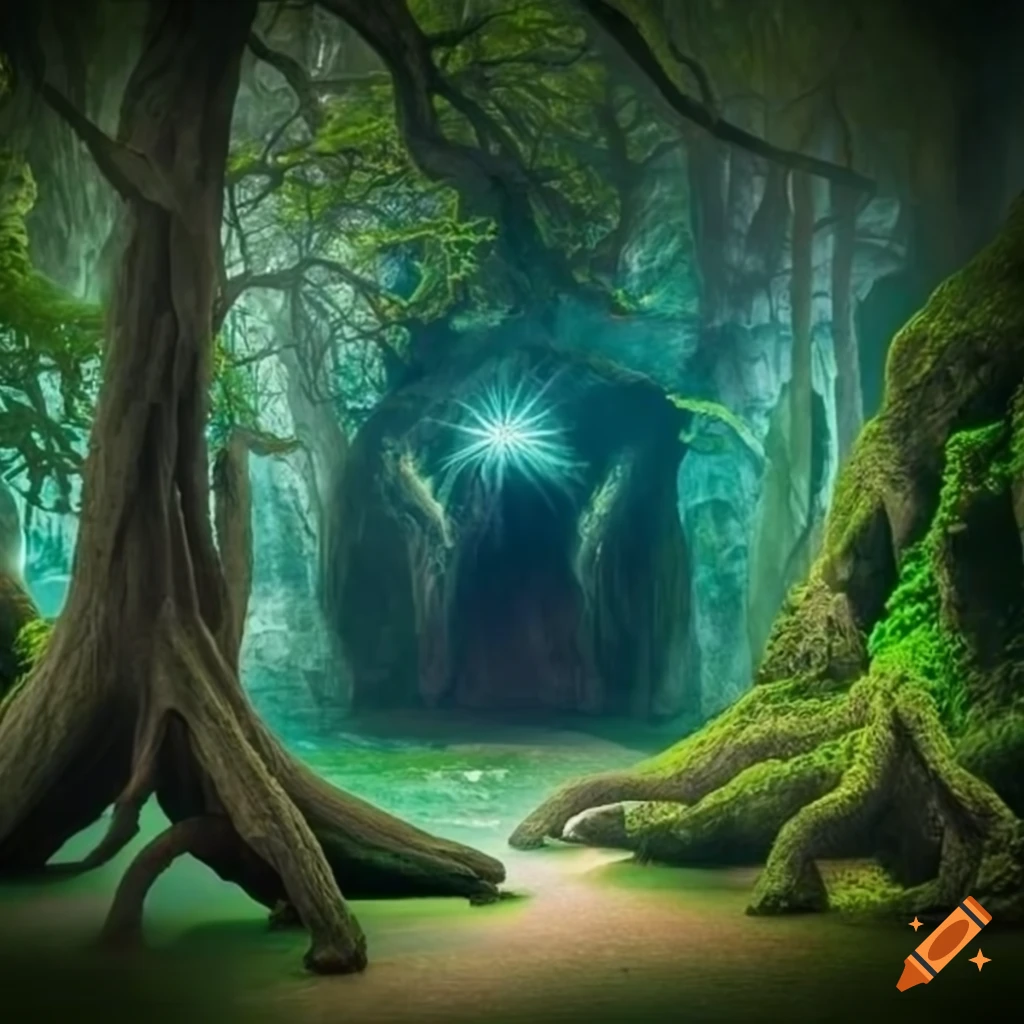 Create a photo of an enchanted cave entrance to a crystal cave between ...