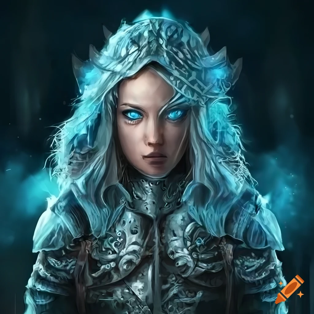A female viking in full fantasy ice armour, digital art on Craiyon