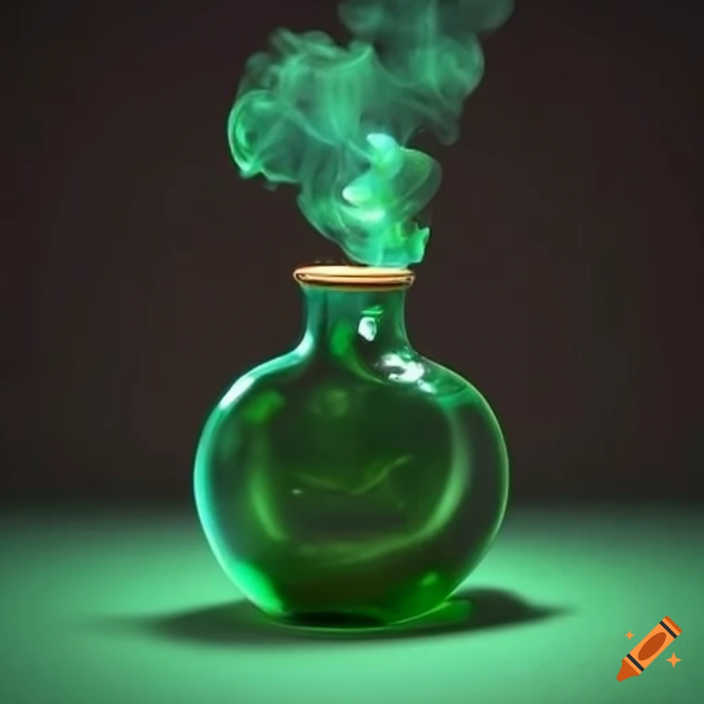 Green potion with smoke in a small flask