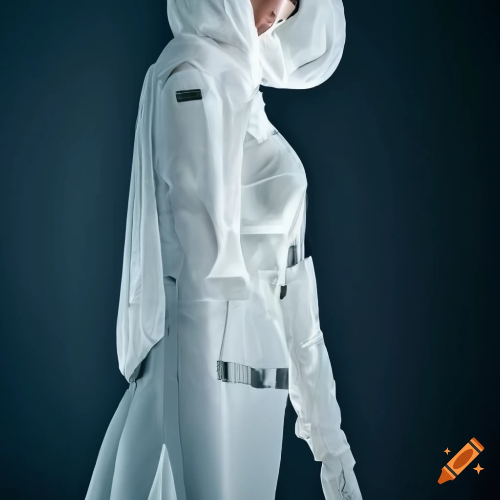 Highly detailed futuristic fashion for space travel, white, clean garments