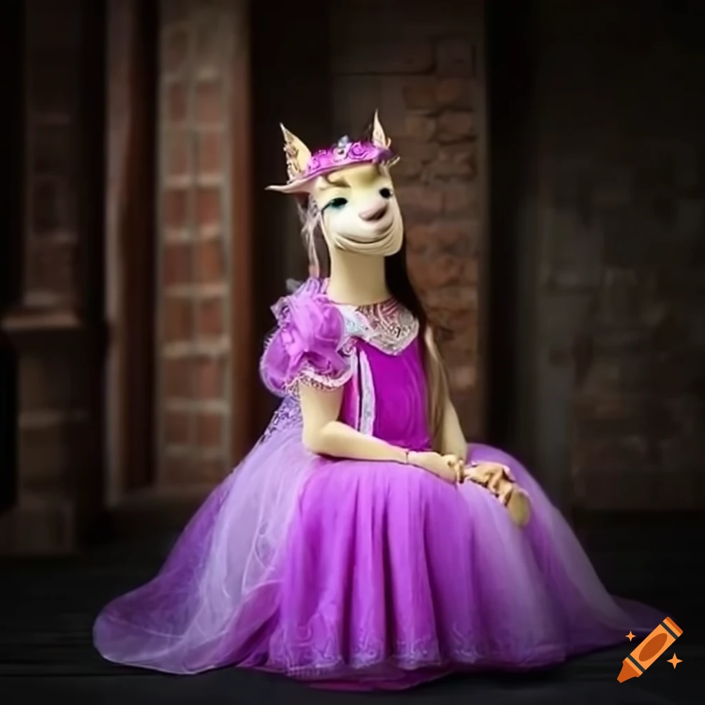 Anthropomorphic goat rapunzel wearing princess clothes