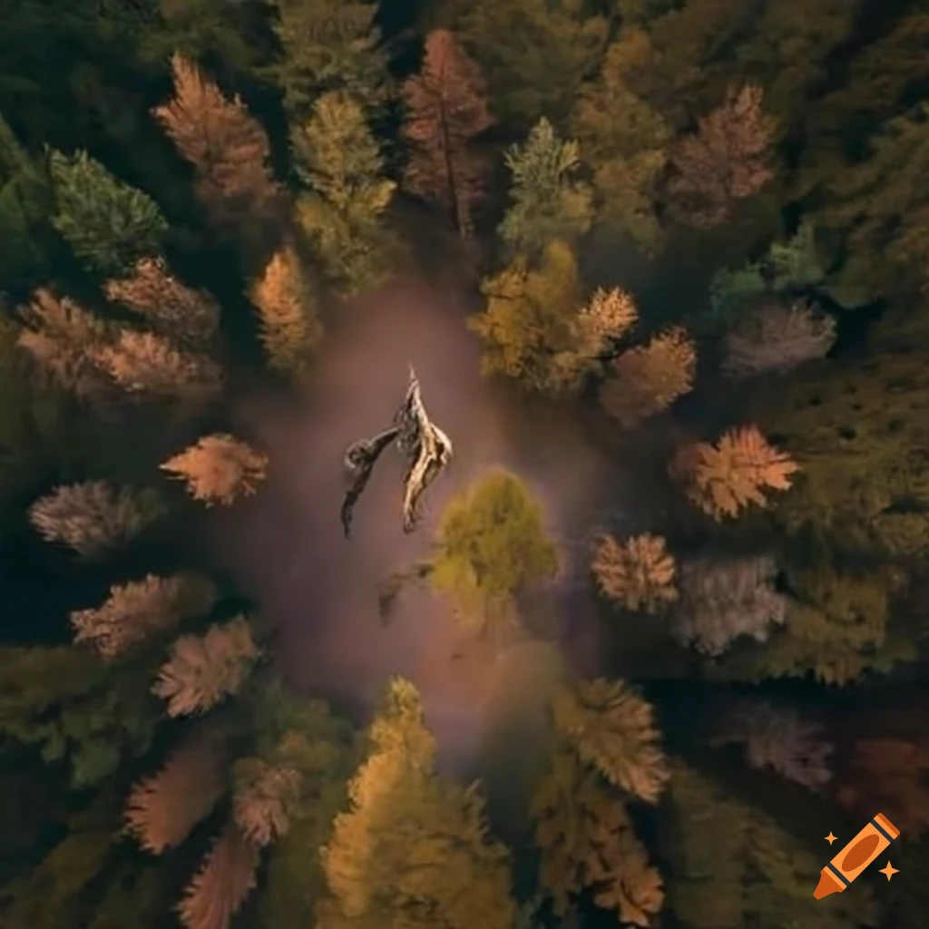 Seen from above a clearing in the woods, with wolves in the trees on ...