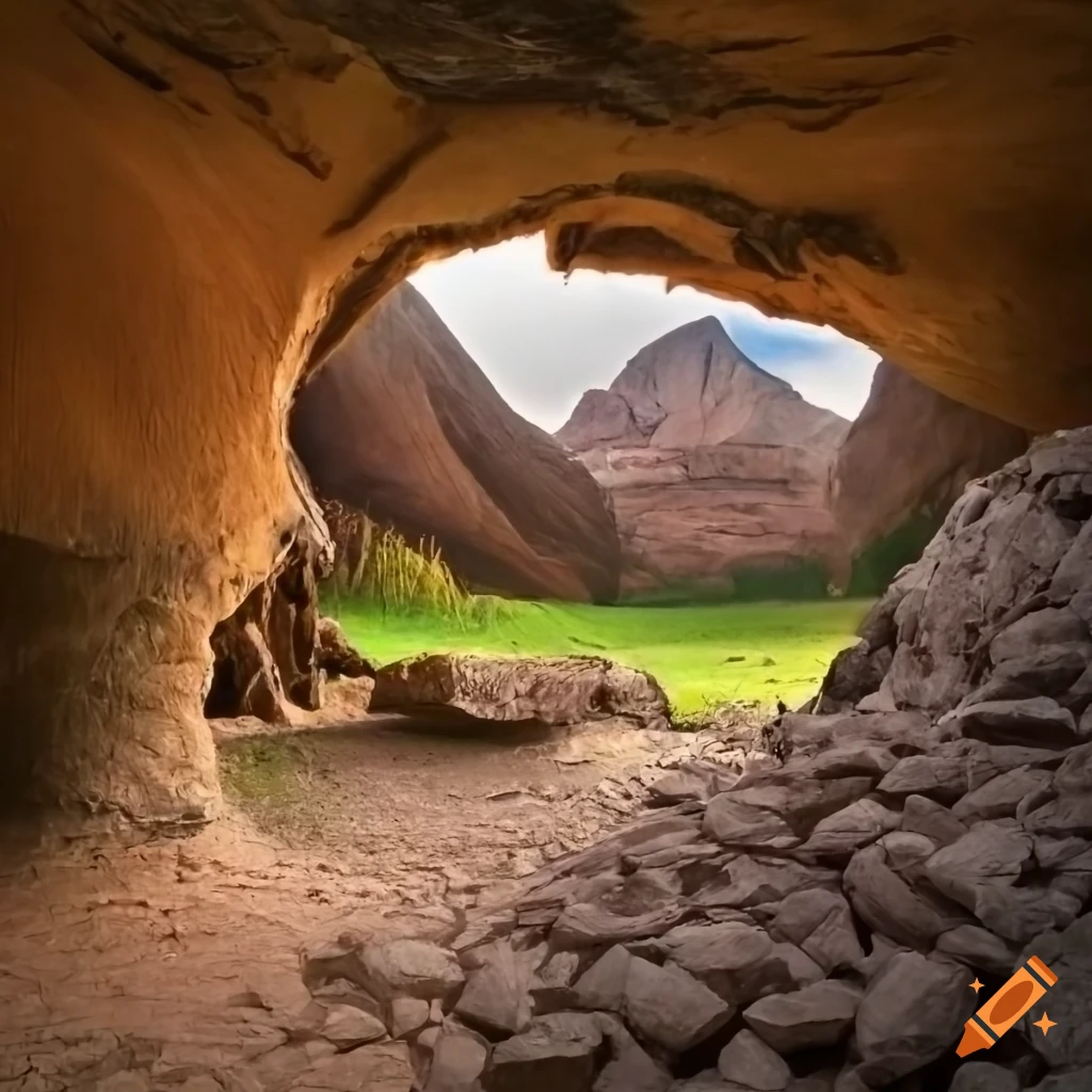 A wide but shallow rock shelter. With prehistoric buffalo hide ...