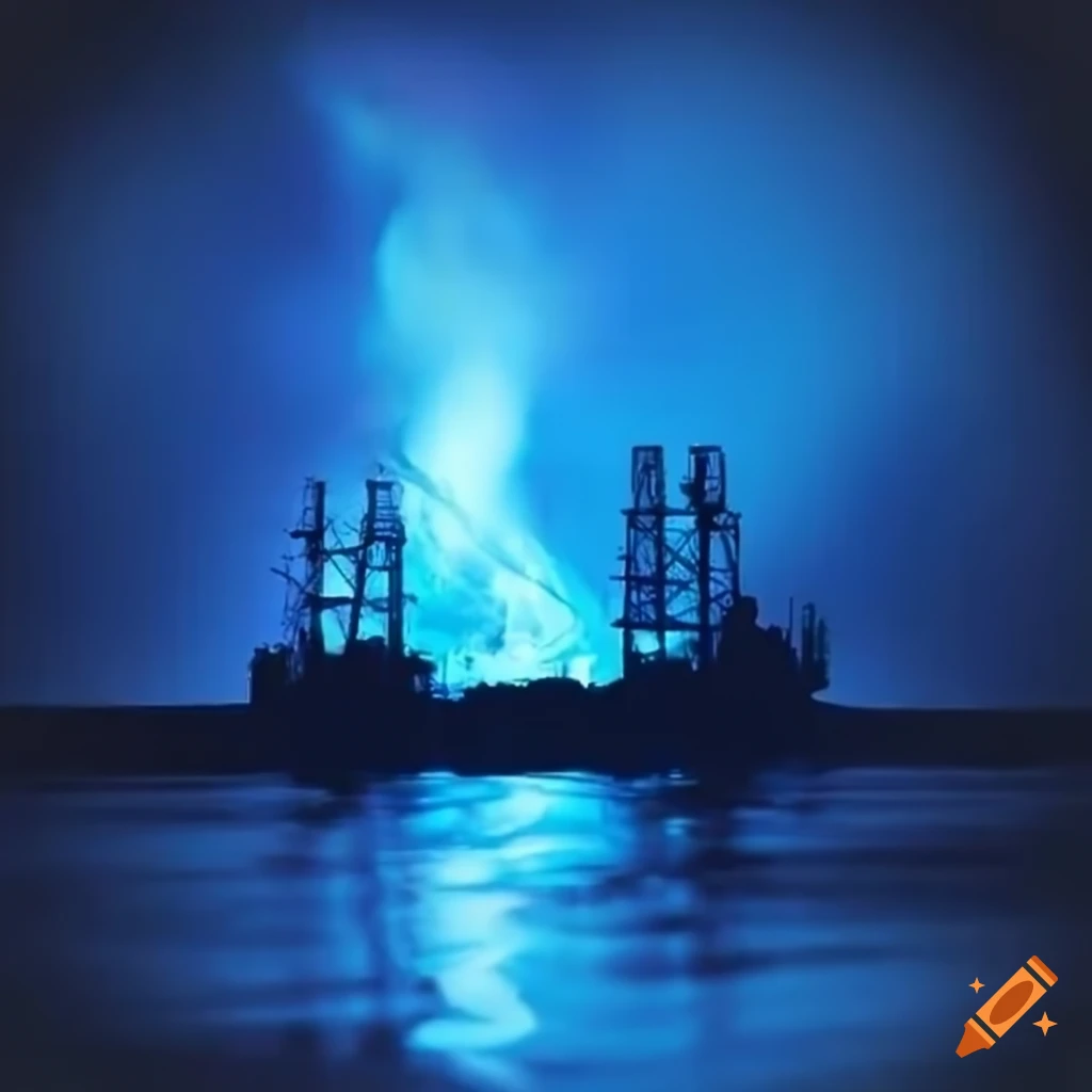 Fantastic blue fire on the background of oil rigs