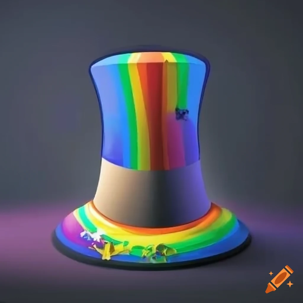 Rainbow top hat with a radioactive symbol on the front of it