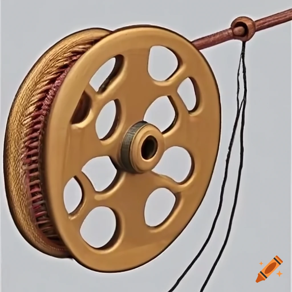 A basic pulley system with a spool, string, and small basket on Craiyon