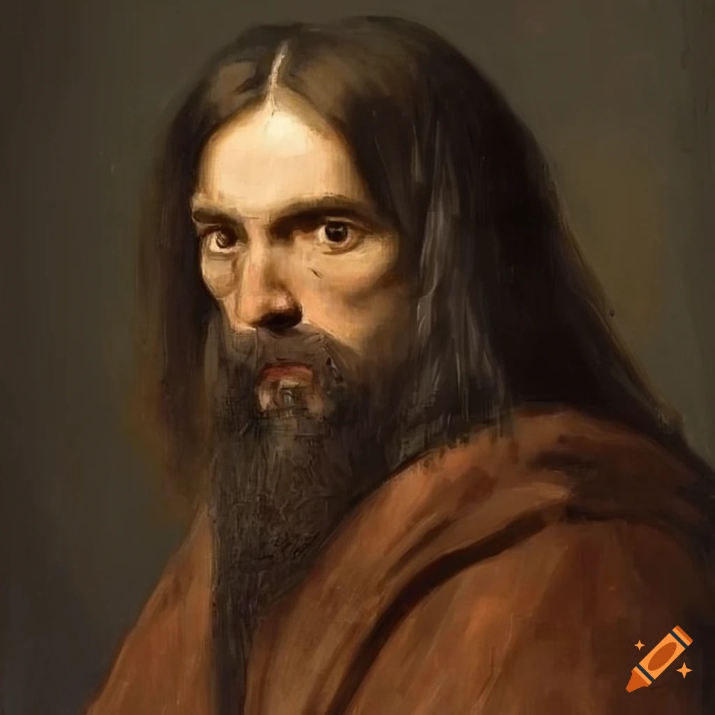 A portrait of a grizzled Caucasian man with long, dark brown hair ...