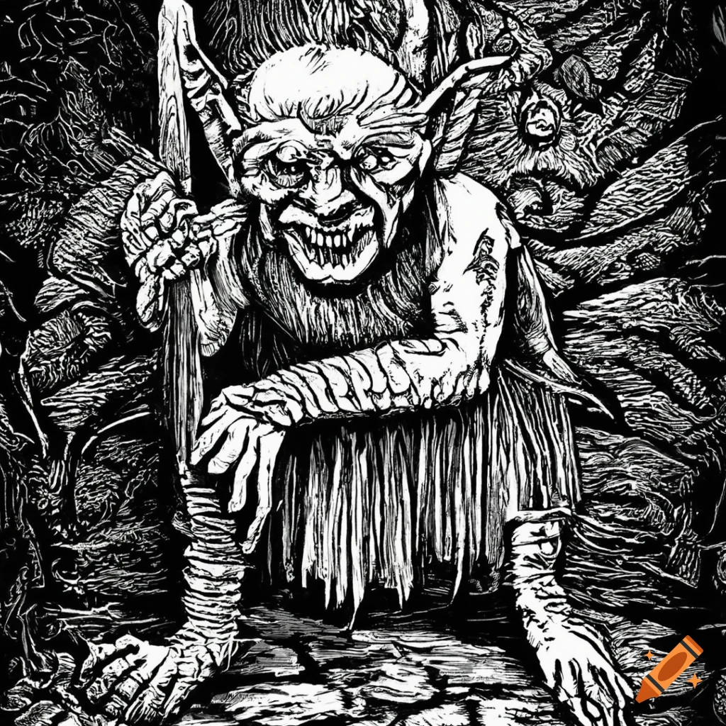 Fantasy goblin, old school black and white woodcut on Craiyon