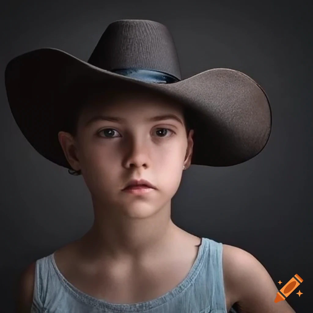 Forward-facing portrait hyper-realistic boyl-age-6 wears-black-cowboy ...