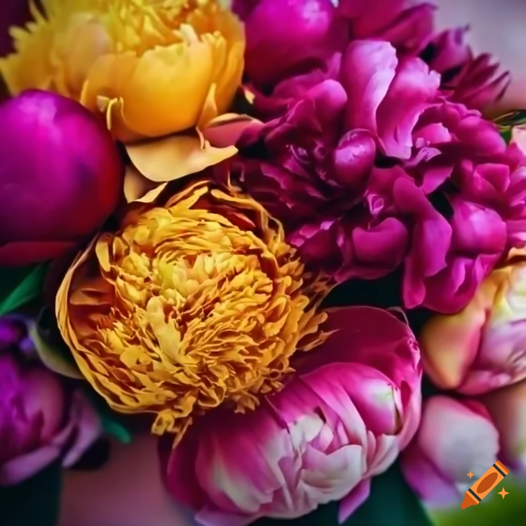 A very beautiful bouquet of mixed colored peonies on Craiyon